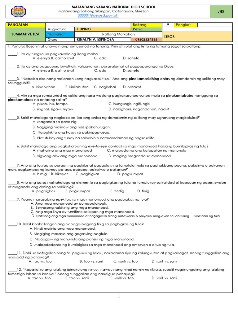 Summative Test FILIPINO 9 (3rd Quarter) | PDF
