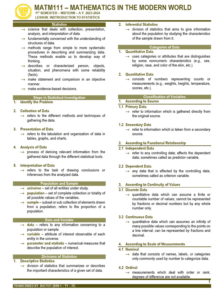MATM111 - Lesson 1 - Introduction To Statistics | PDF | Mode (Statistics) | Statistics