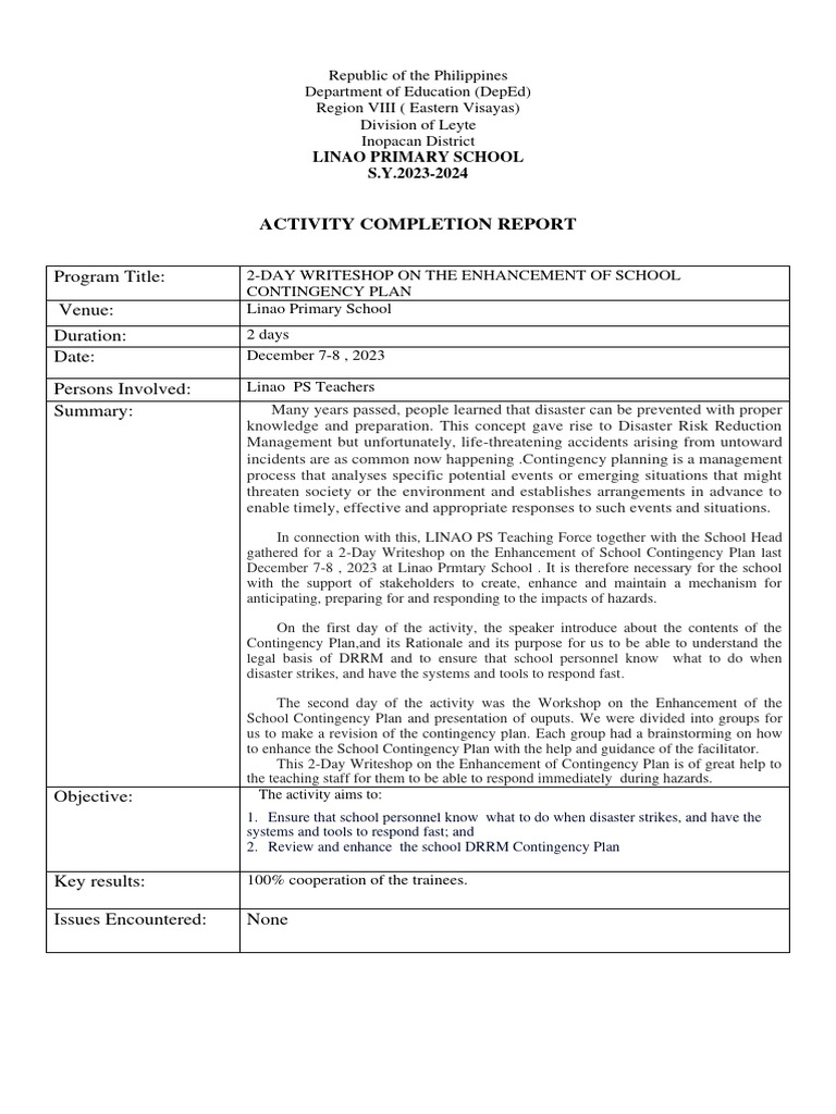 LINAO PS ACR On Enhancement of Contingency Plan | PDF