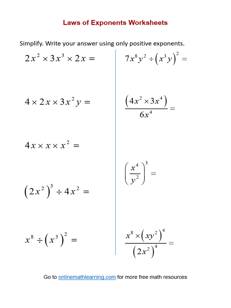 Laws of Exponents Worksheet PDF | PDF