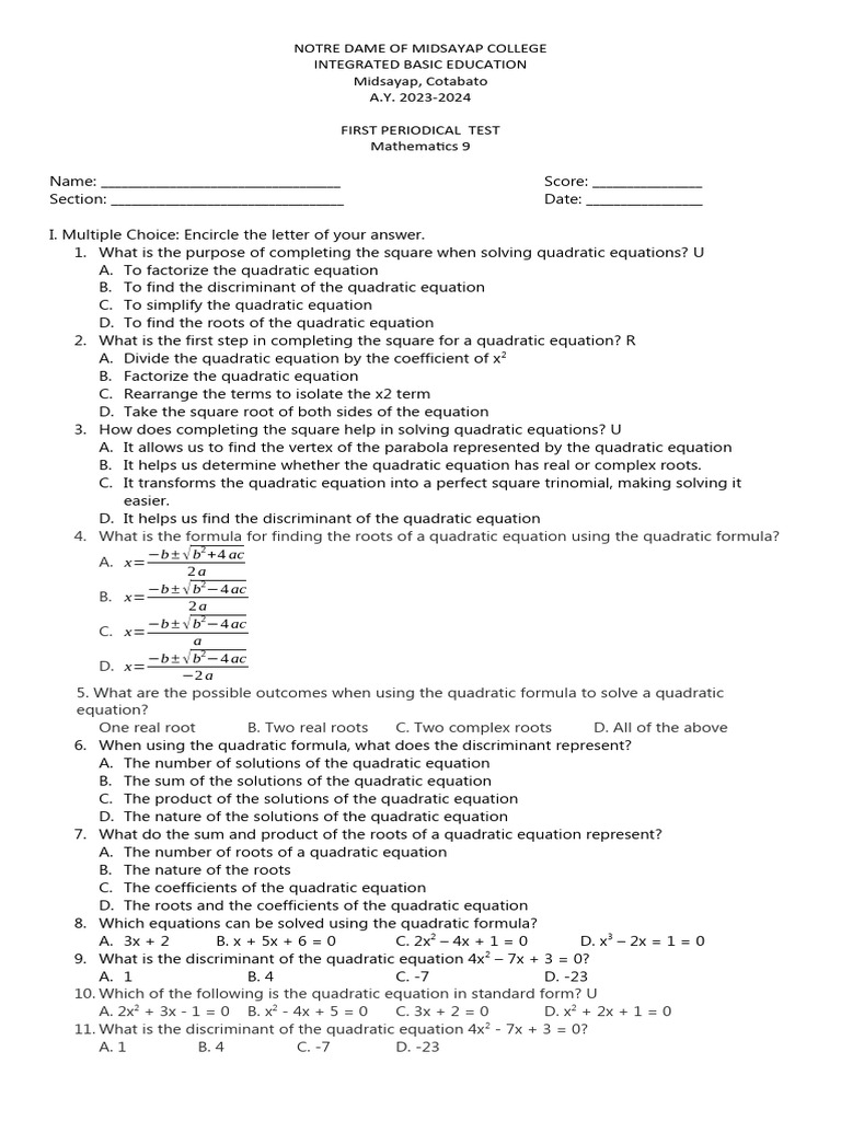 First Periodical Test Math 9 | PDF