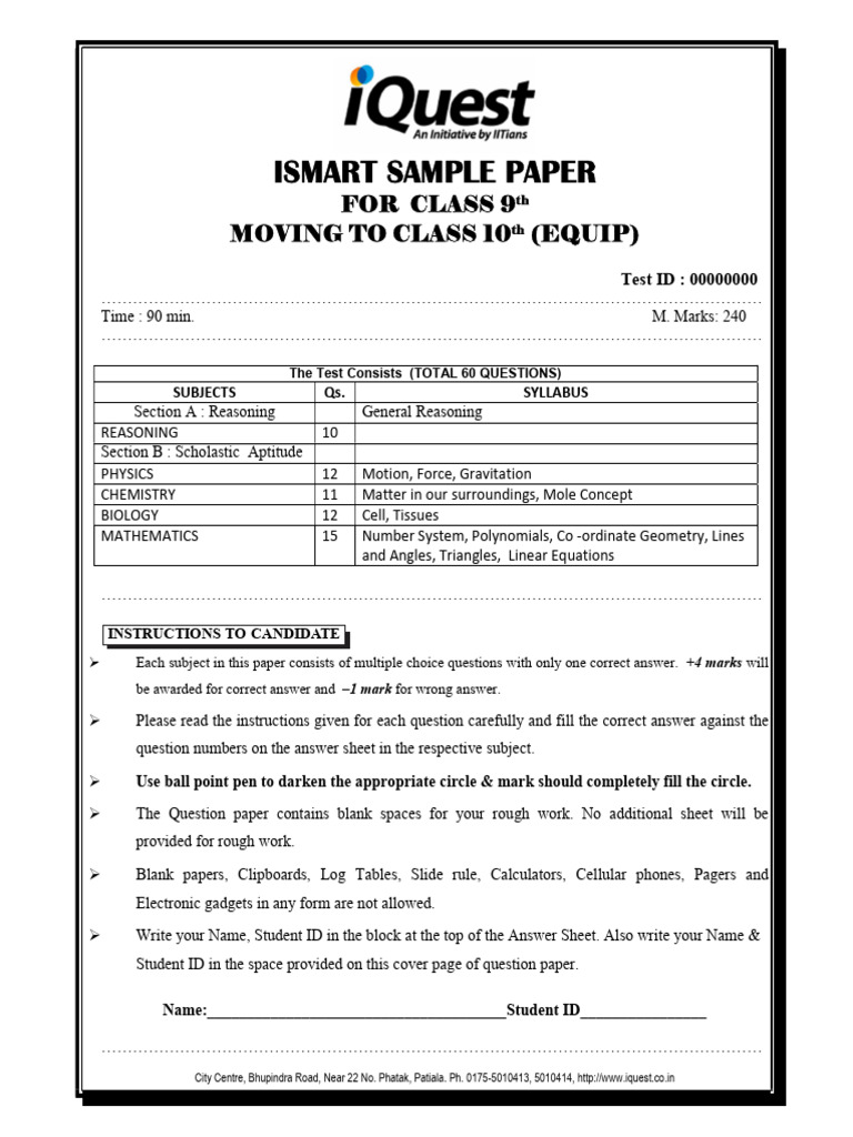 ISMART Class 9 Sample Paper Guide | PDF | Teaching Methods & Materials