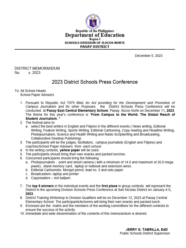 District Memo On Journalism 2023 2024 | PDF