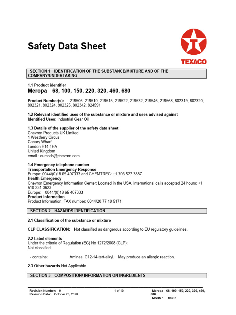 SDS - MEROPA Series - 68 - 100 - 150 - 220 - 320 - 460 - 680 | PDF ...