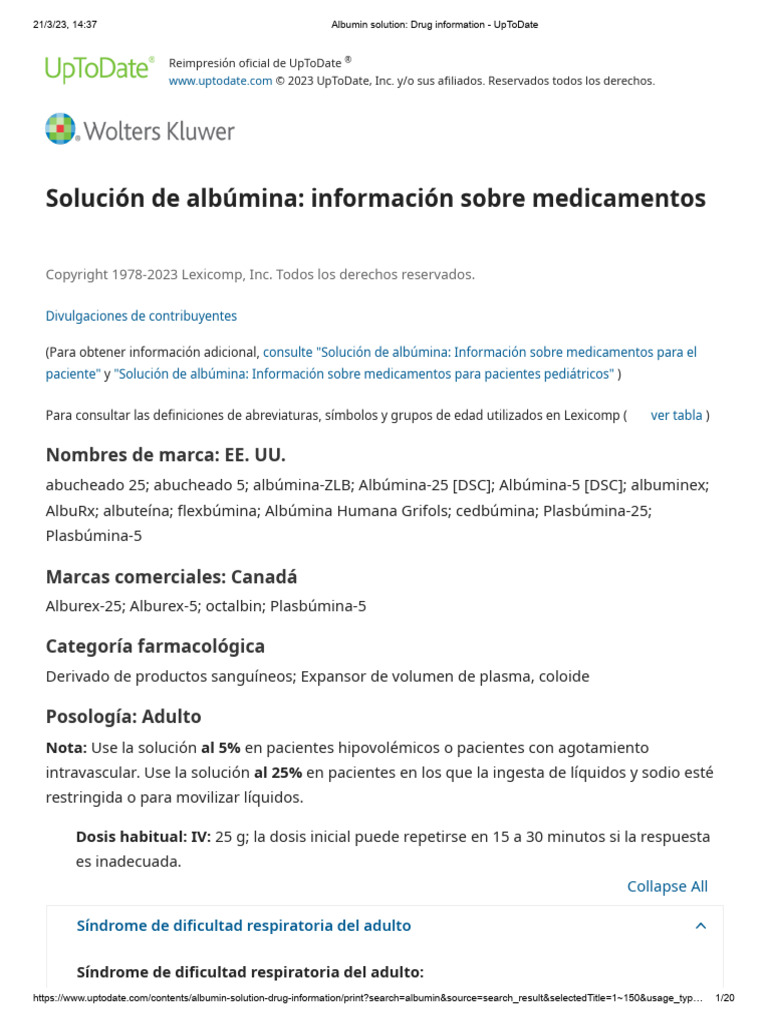 Albumin Solution - Drug Information - UpToDate | PDF
