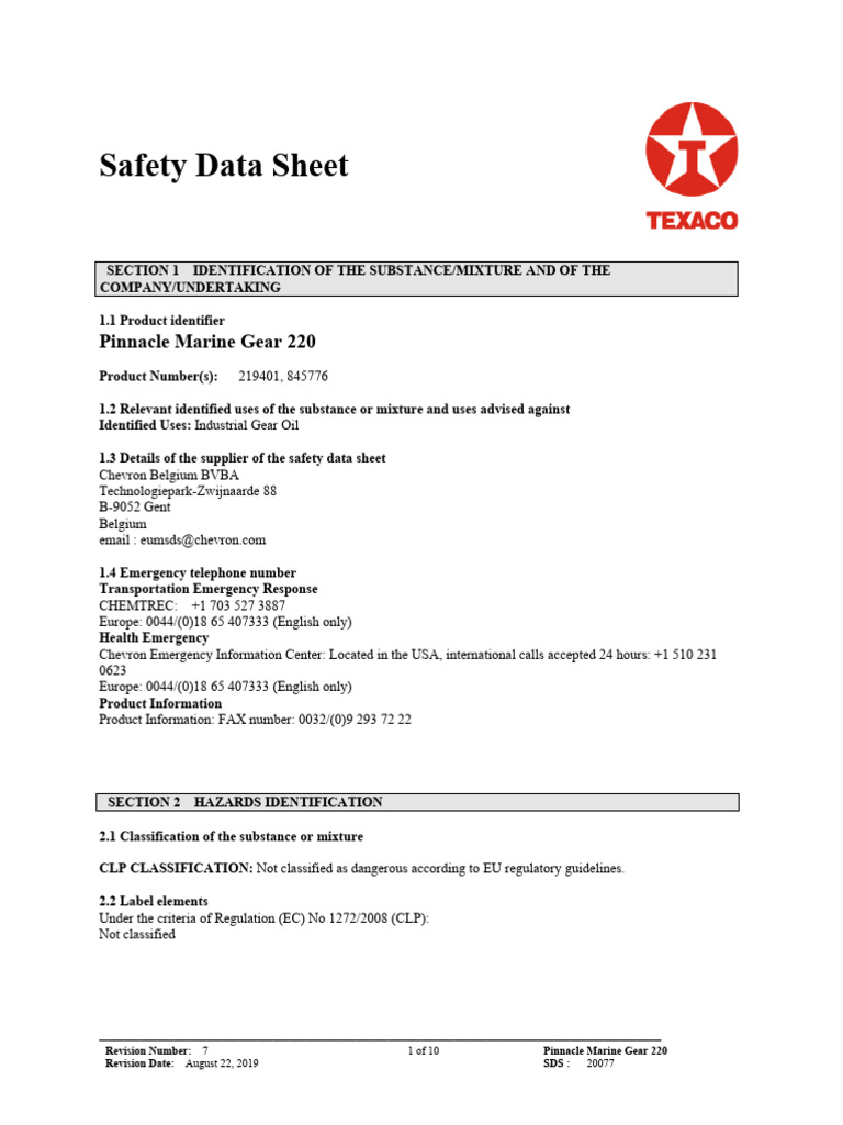 SDS - Pinnacle Marine Gear 220 | PDF | Occupational Safety And Health ...