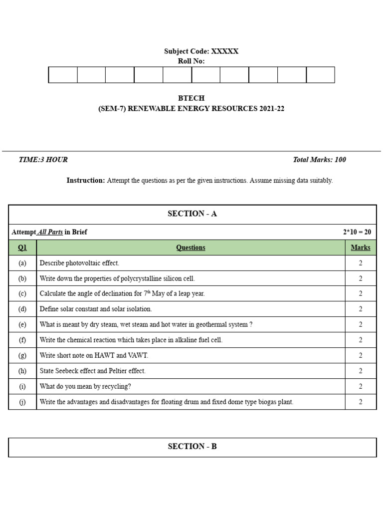 RENEWABLE ENERGY RESOURCES Question Paper 21 22 | PDF