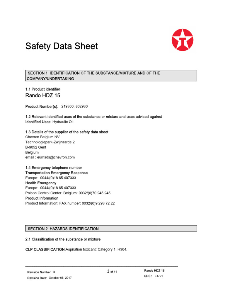 SDS - Rando HDZ 15 | PDF | Dangerous Goods | Toxicity
