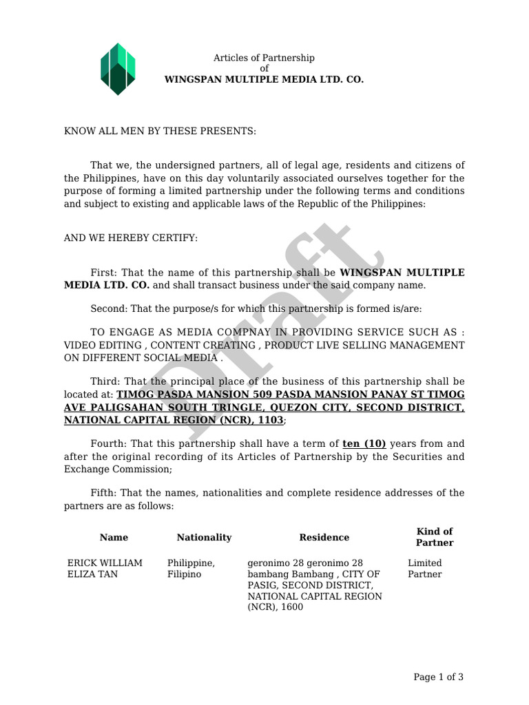 Articles of Partnership | PDF