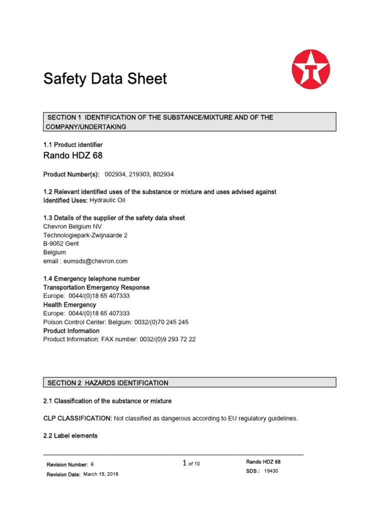 SDS_Rando HDZ 68 | PDF | Toxicity | Dangerous Goods