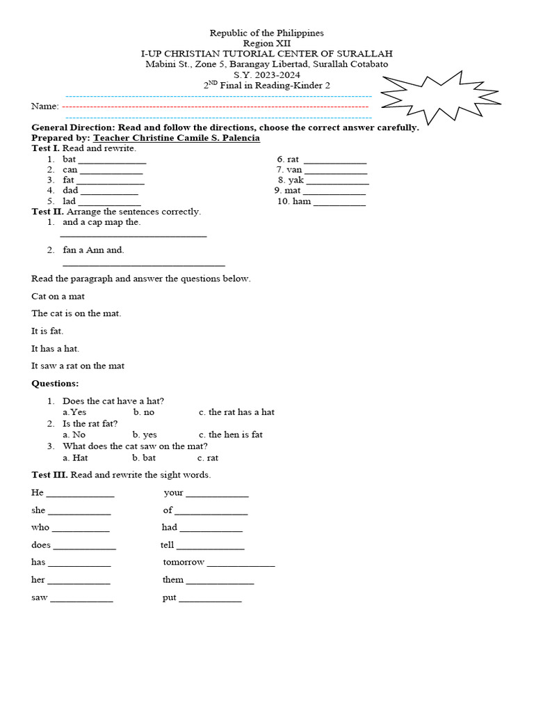 2ND Final Exam Reading - Kinder 2 | PDF