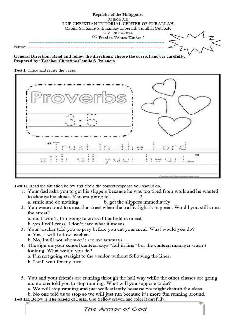 2ND Final Exam Values - Kinder 2 | PDF
