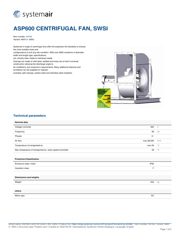 Systemair ASP600 CENTRIFUGAL FAN SWSI | PDF | Alternating Current ...