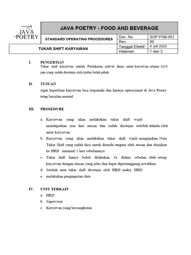FNB (Sop) Tukar Shift Karyawan | PDF