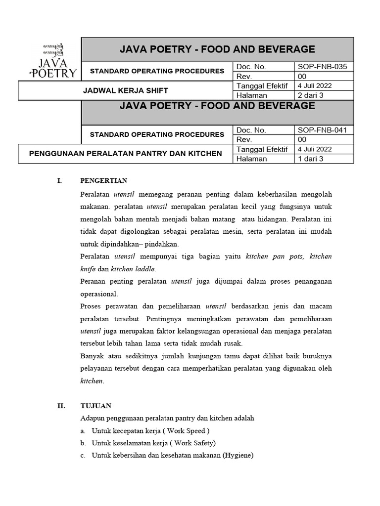 FNB (Sop) Penggunaan Peralatan Pantry Dan Kitchen | PDF