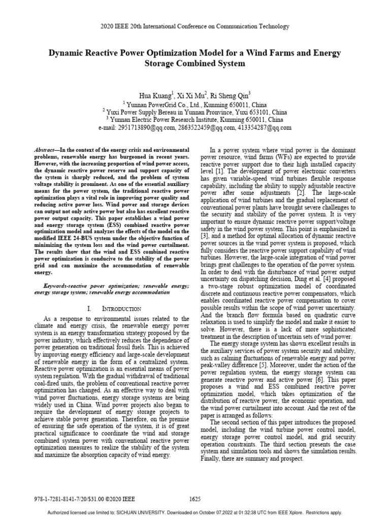 Dynamic Reactive Power Optimization Model For A Wind Farms And Energy Storage Combined System Pdf