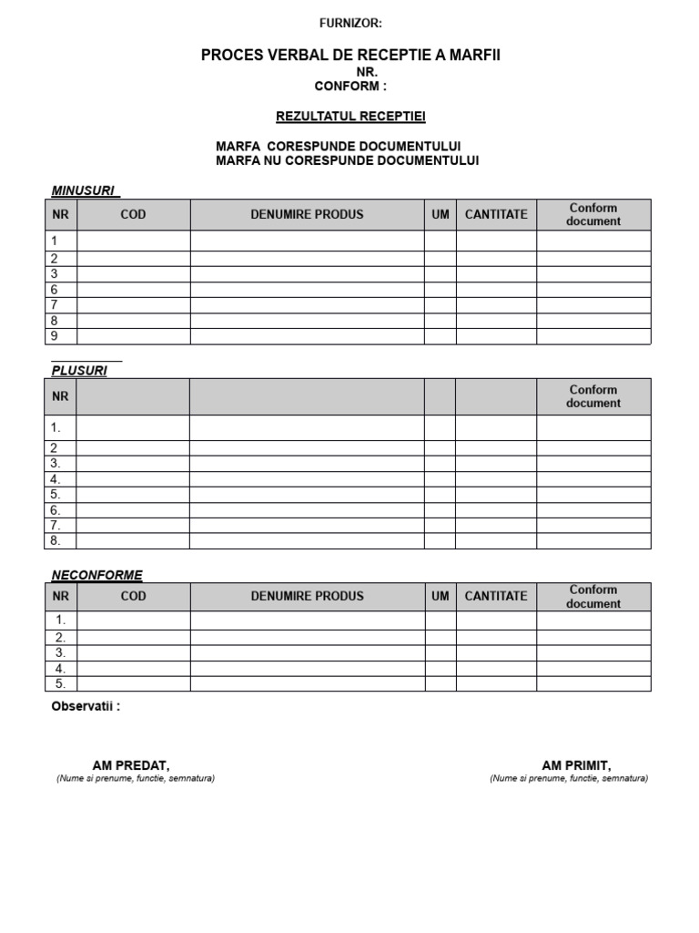 Proces Verbal de Receptie A Marfii: Minusuri | PDF