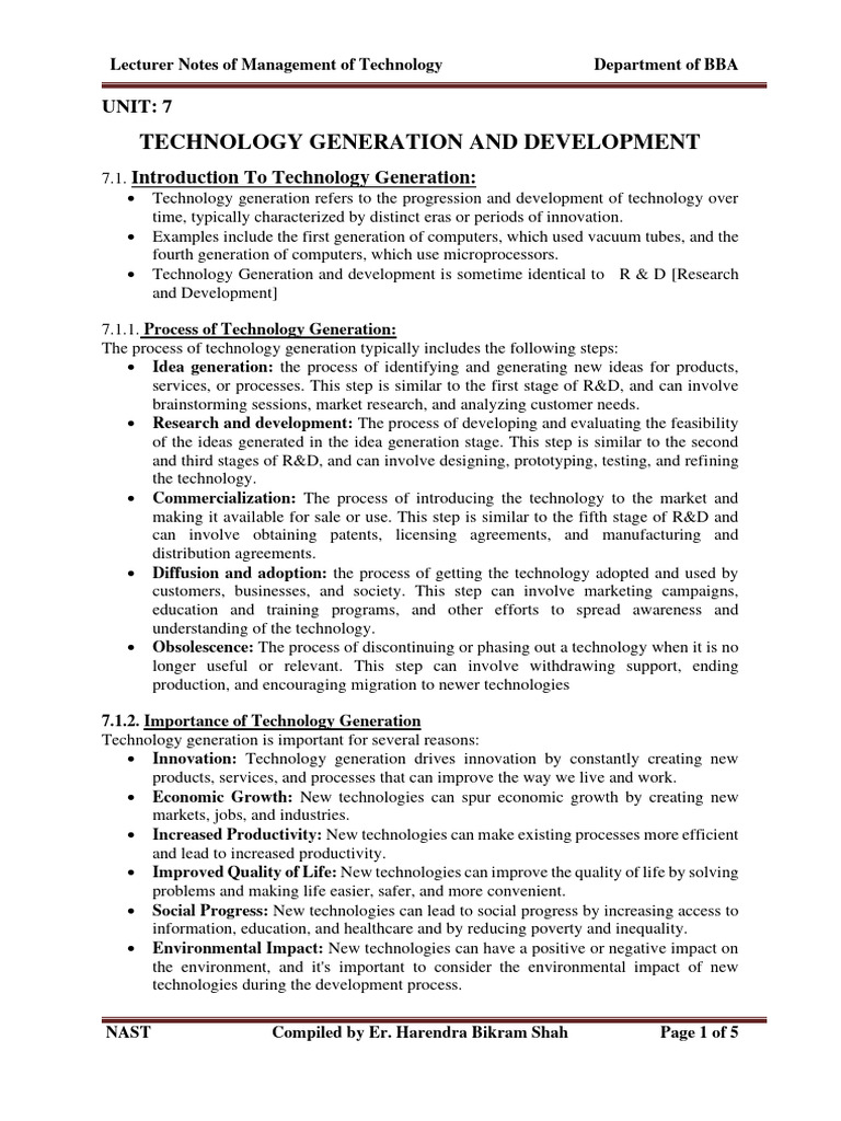 Unit 7 Technology Generation and Development | PDF | Innovation | Research And Development