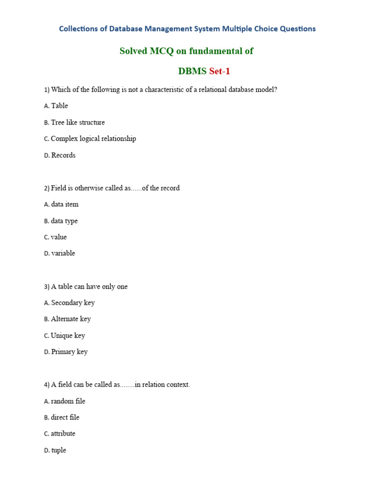 Solved DBMS Study MCQs | PDF Solved DBMS Study MCQs | PDF