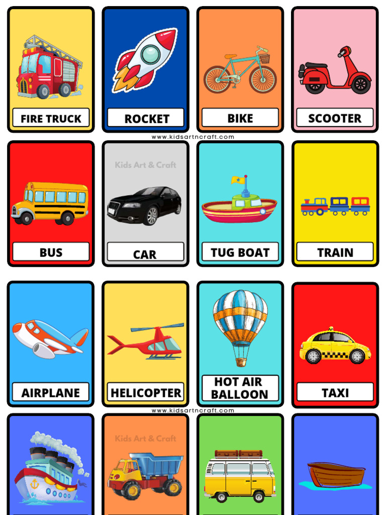 Vehicle Flashcards For Kids Free Printable | PDF