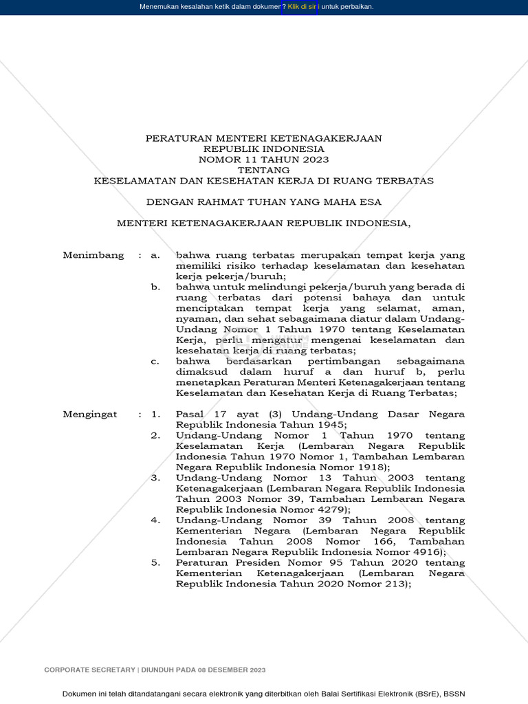 Permenaker No. 11 Tahun 2023 | PDF