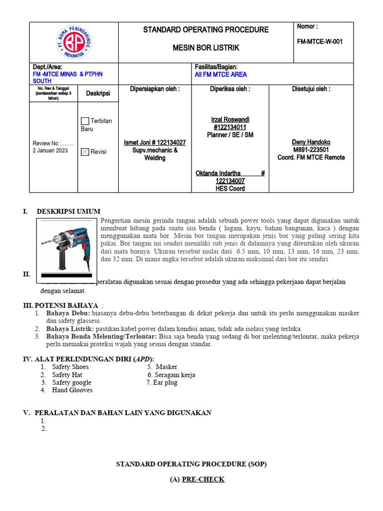 001-SOP Bor Listrik | PDF
