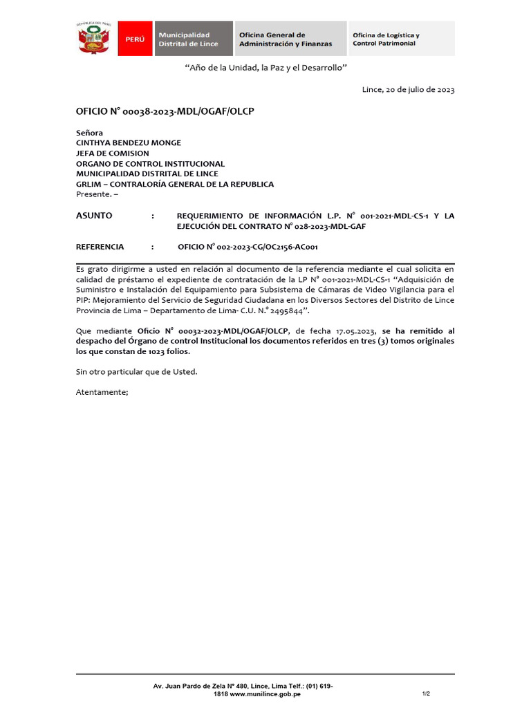 Oficio N° 0XXX-2023-MDL-OGAF-OLCP | PDF