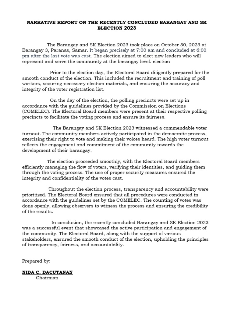 Narrative Report On The Recently Concluded Barangay and SK Election ...