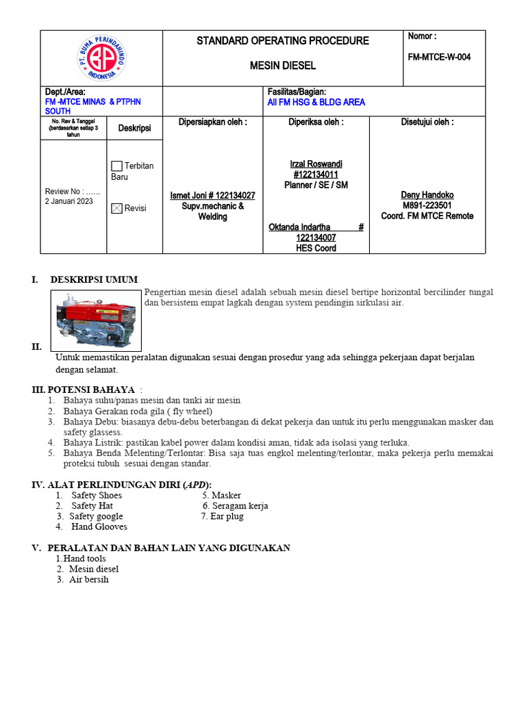 001-SOP Mesin Diesel Yasui | PDF | Teknologi & Rekayasa