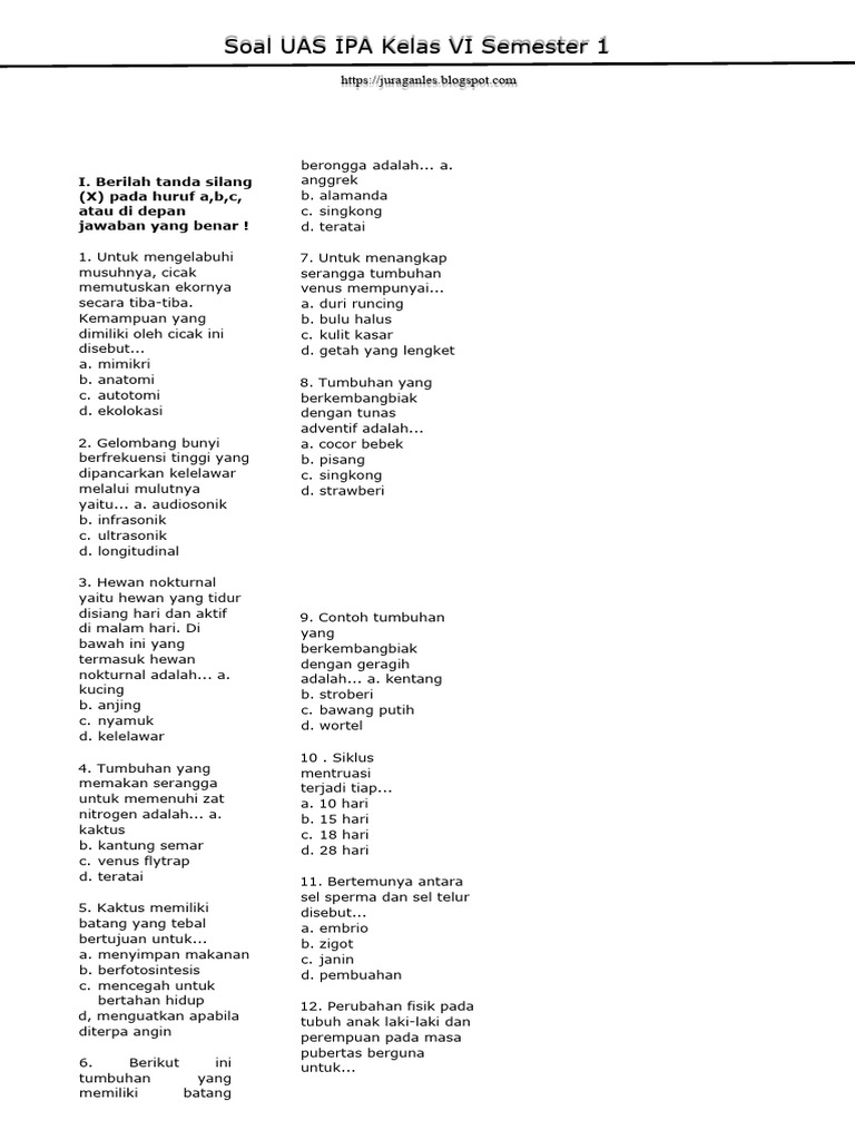 Soal UAS IPA Kelas 6 Semester 1 | PDF