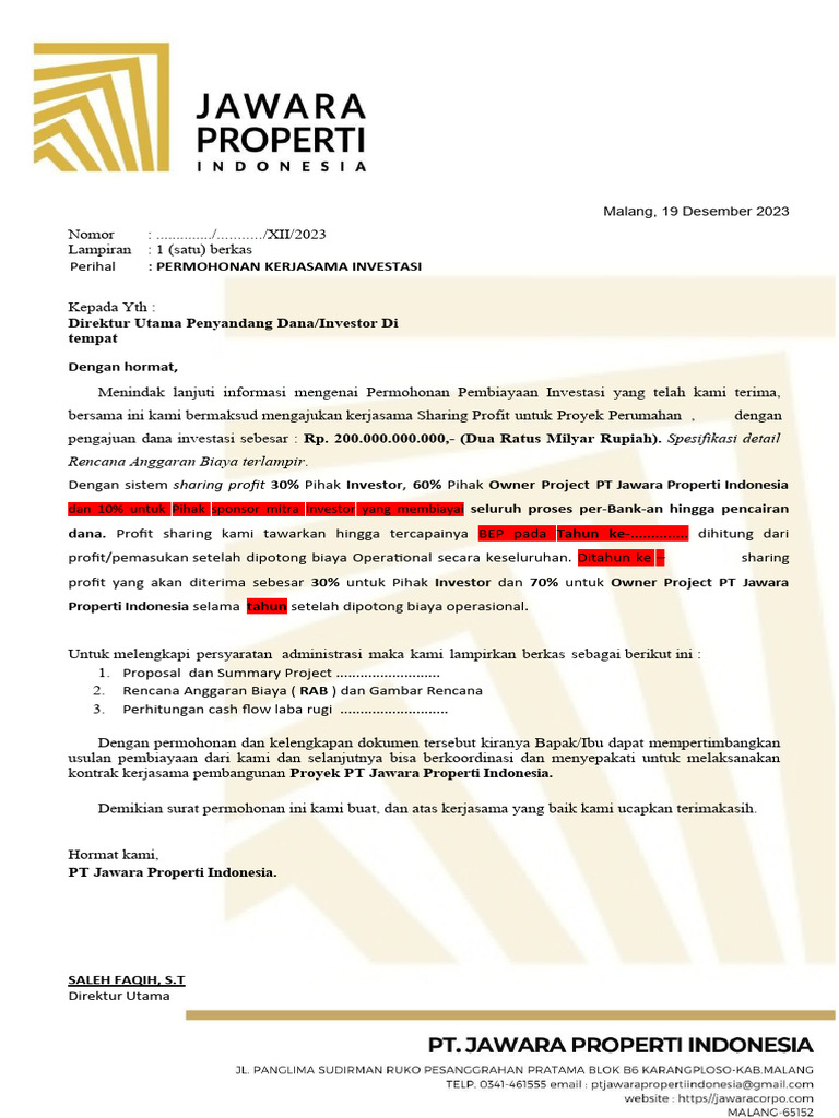 Surat Kerjasama Investor Jpi | PDF