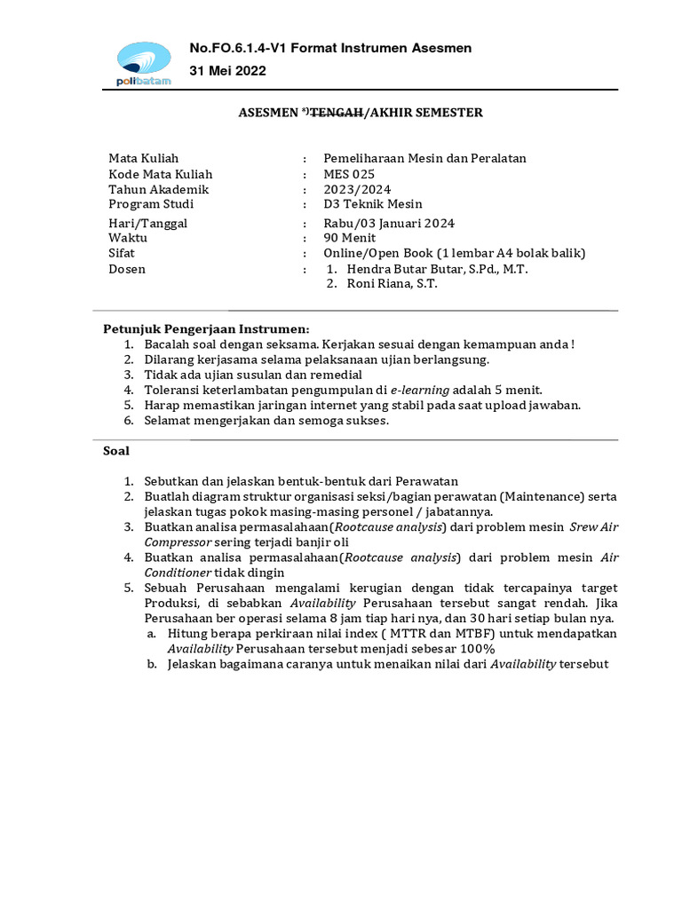 Format Instrumen Asesmen - Pemeliharaan Mesin Dan Peralatan | PDF