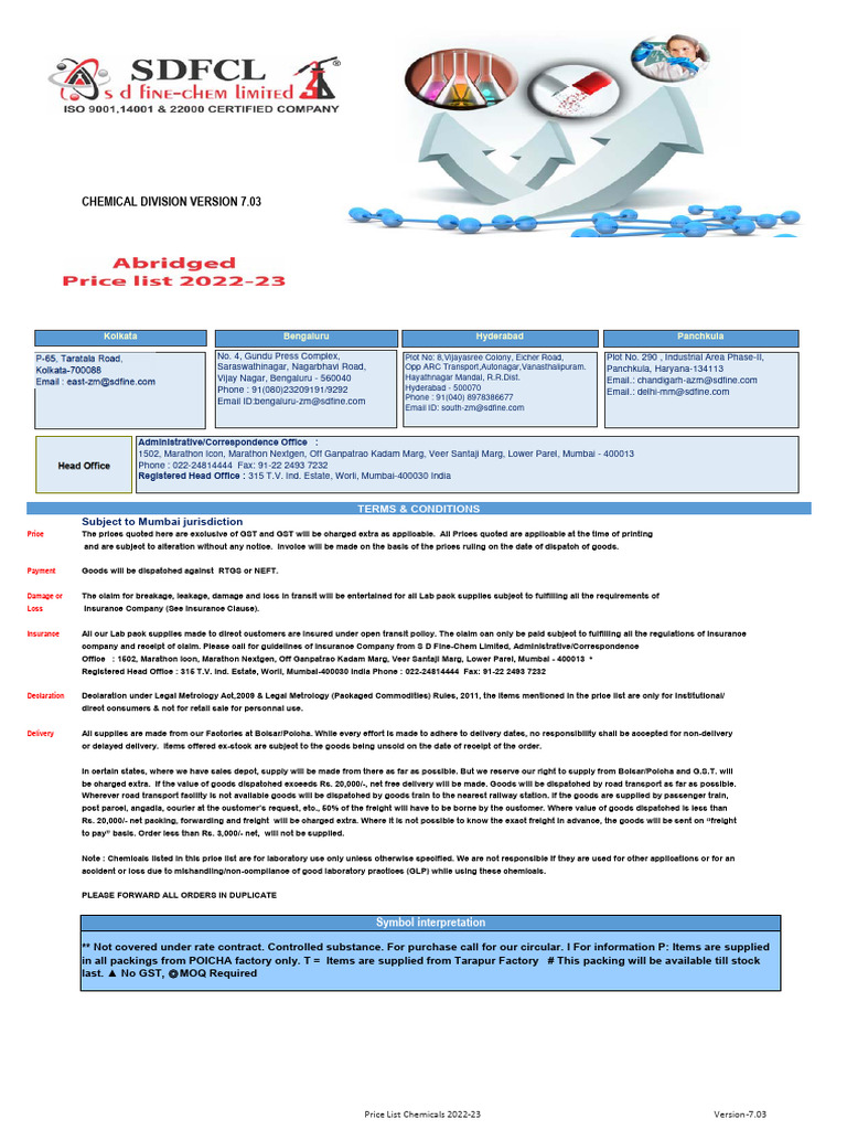 SD FINE Price List 22-23 | PDF | Biochemistry | Chemistry