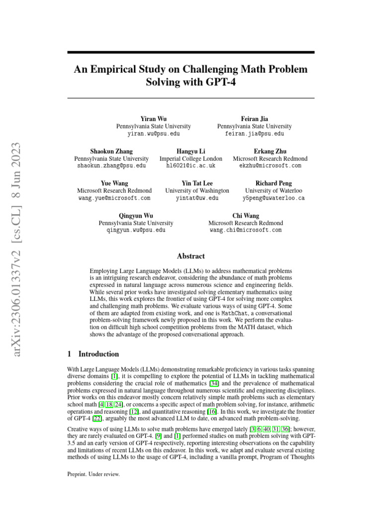 An Empirical Study On Challenging Math Problem Solving With GPT-4 | PDF