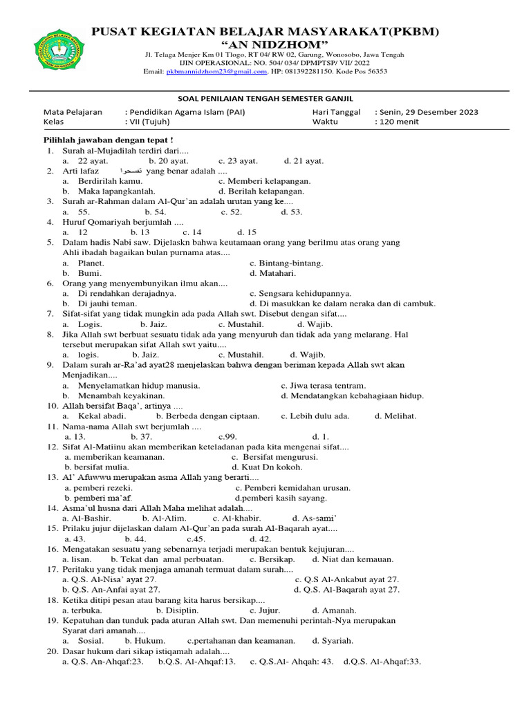 SOAL UAS PAI Kls 7 Fix | PDF