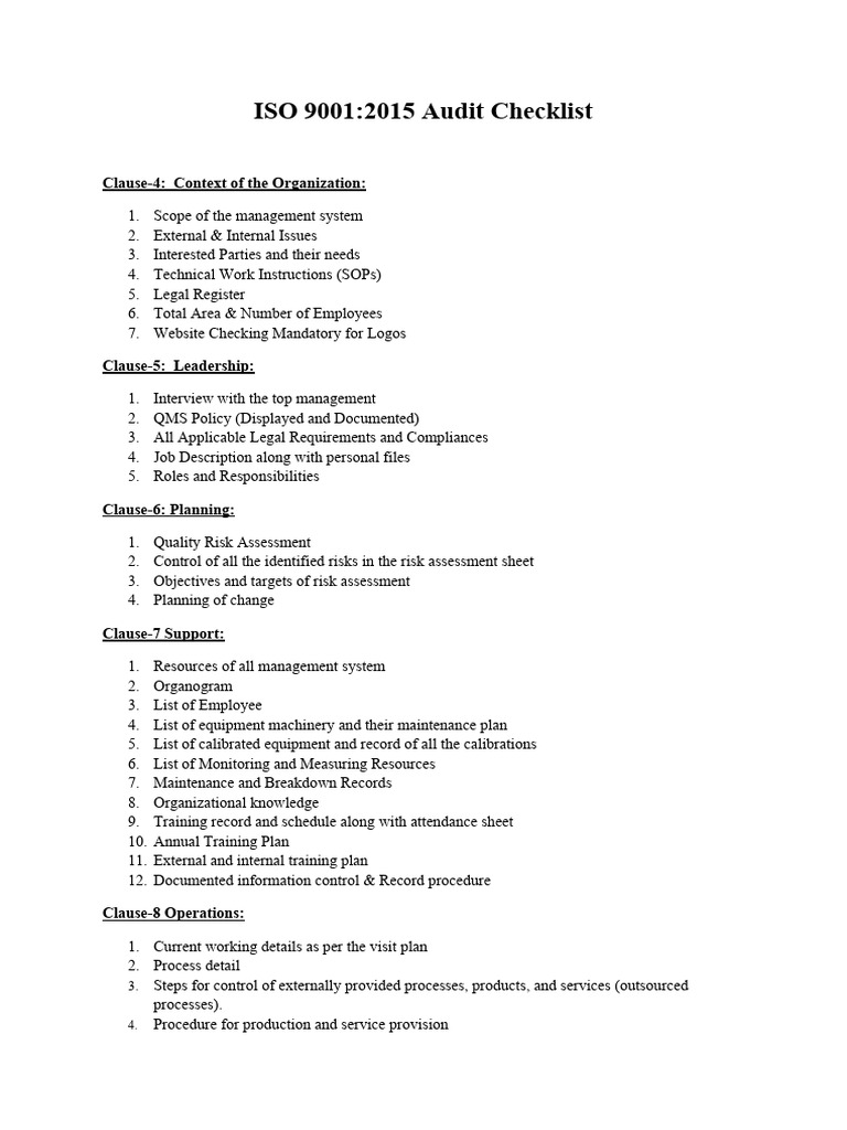 9001 Audit Checklist | PDF
