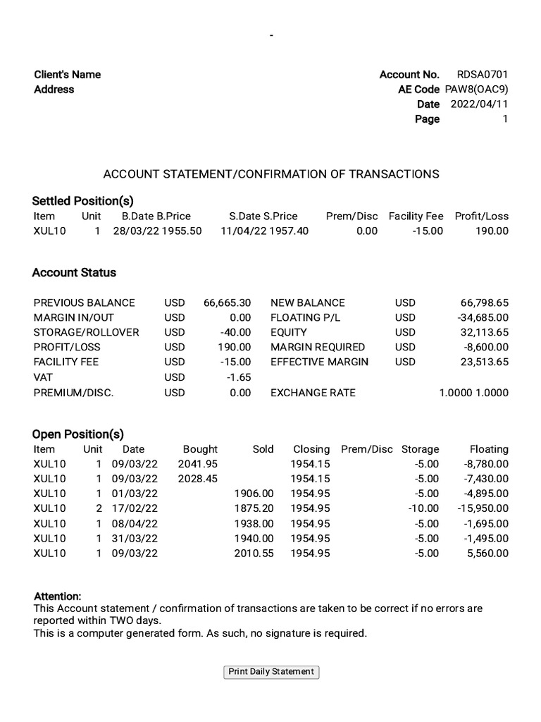 Account Statement/Confirmation of Transactions Settled Position(s) | PDF