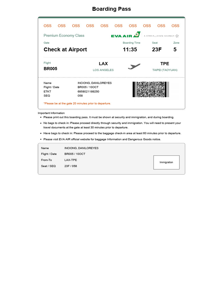 Boarding Pass: BR005 LAX TPE | PDF