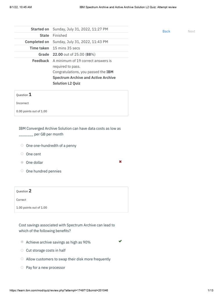 IBM Spectrum Archive and Active Archive Solution L2 Quiz - Attempt Review | PDF