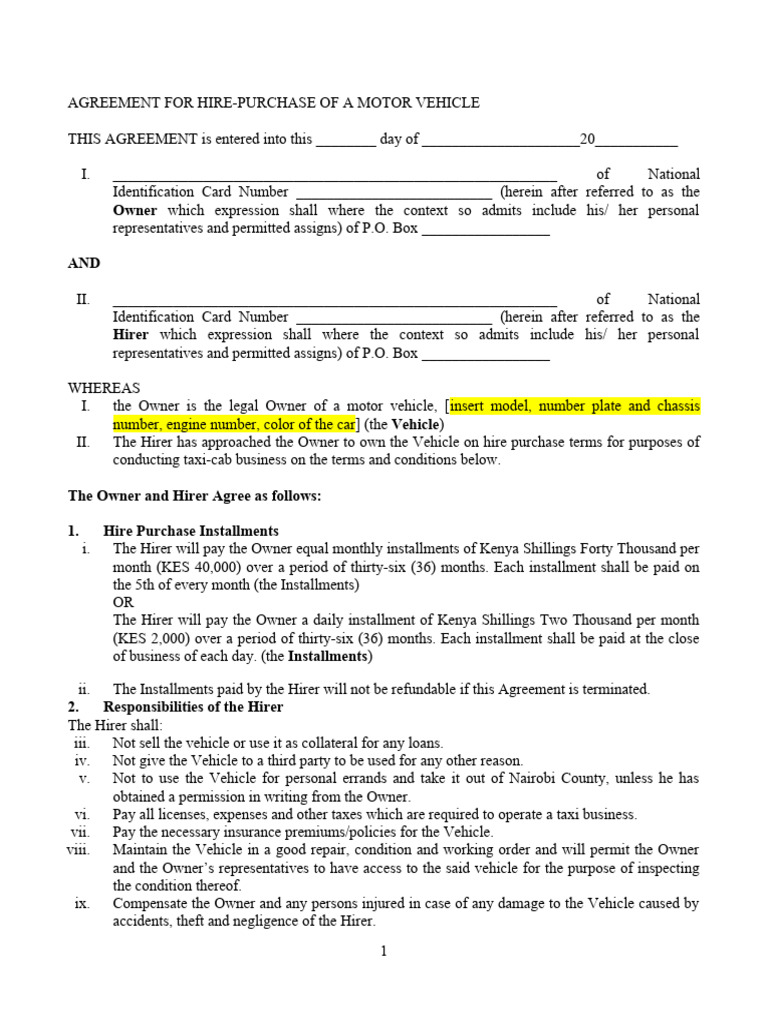 Hire Purchase Agreement | PDF | Insurance | Private Law Hire Purchase Agreement | PDF | Insurance | Private Law