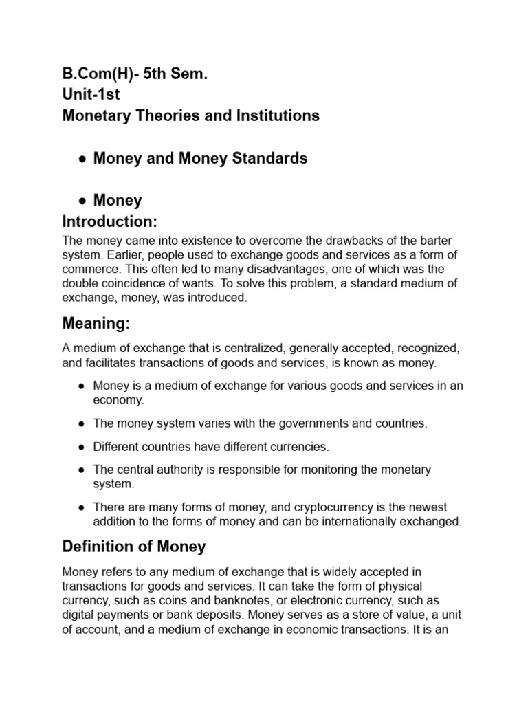 (H) 5th Sem. Unit-1st Monetary Theories and Institution | PDF | Money ...