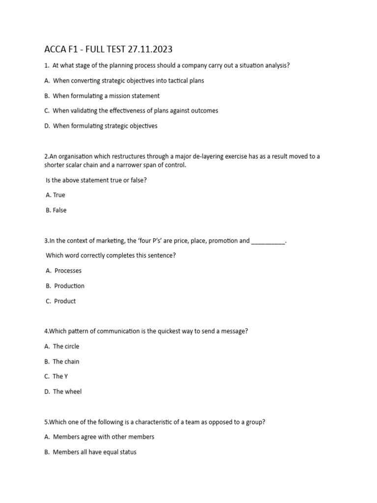 Acca F1 Full Test 27.11 | PDF