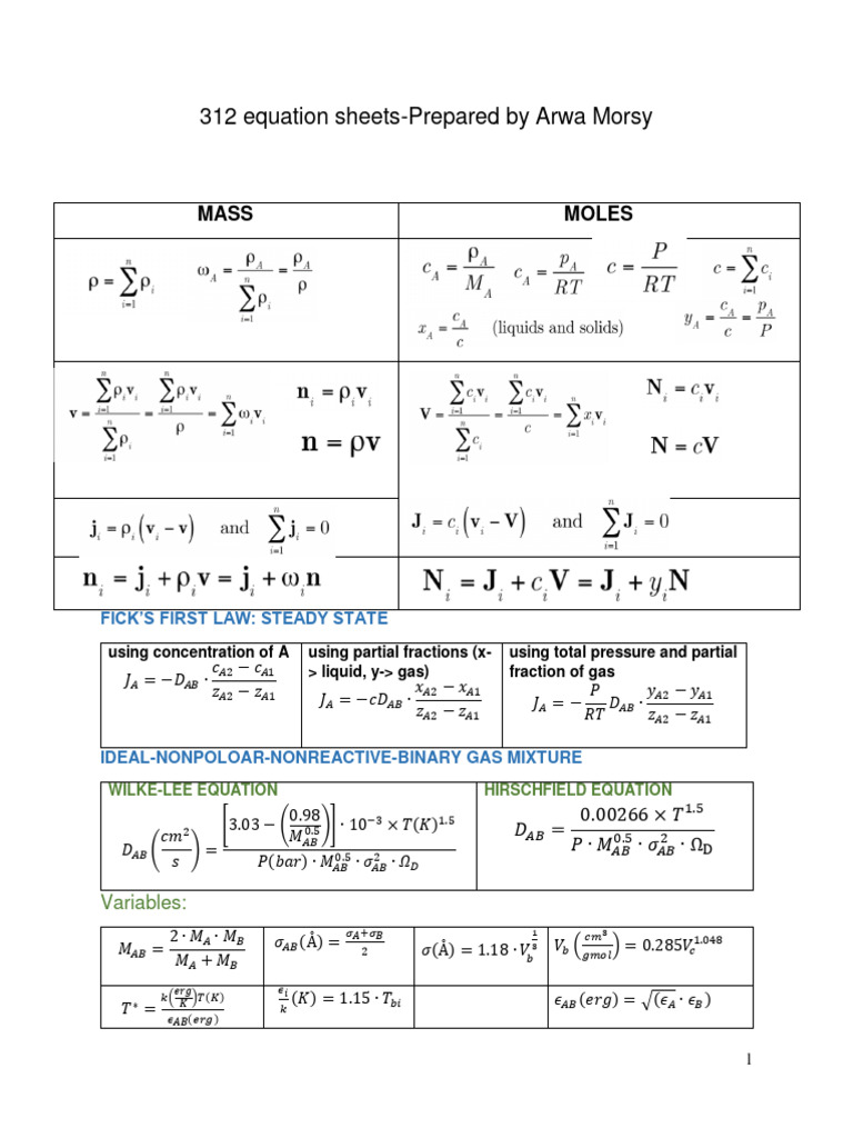 CHENG 312 Equation Sheet | PDF | Diffusion | Phases Of Matter