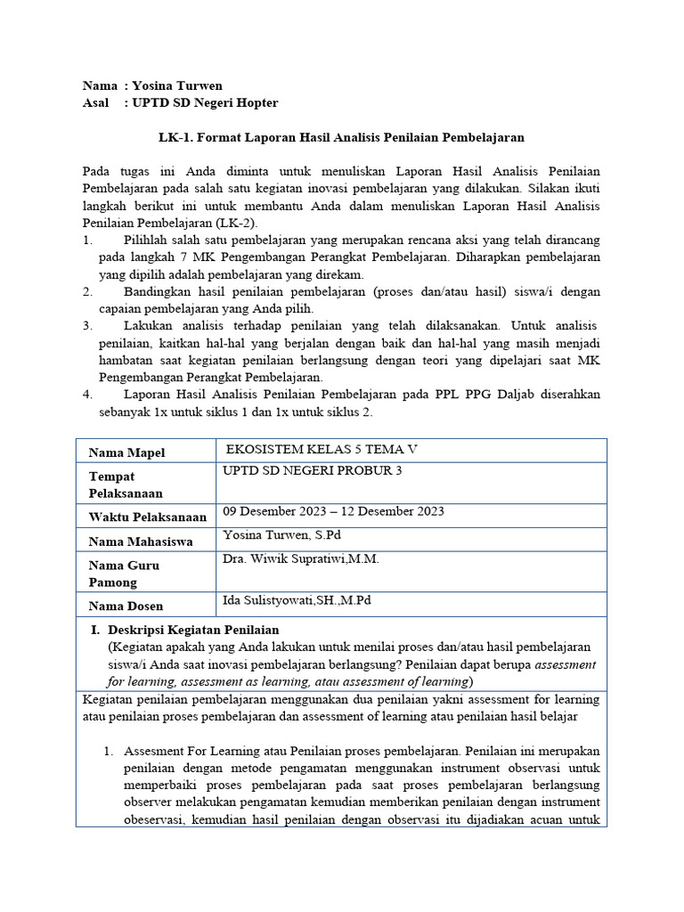 LK. 1 Format Hasil Asesmen Pembelajaran | PDF