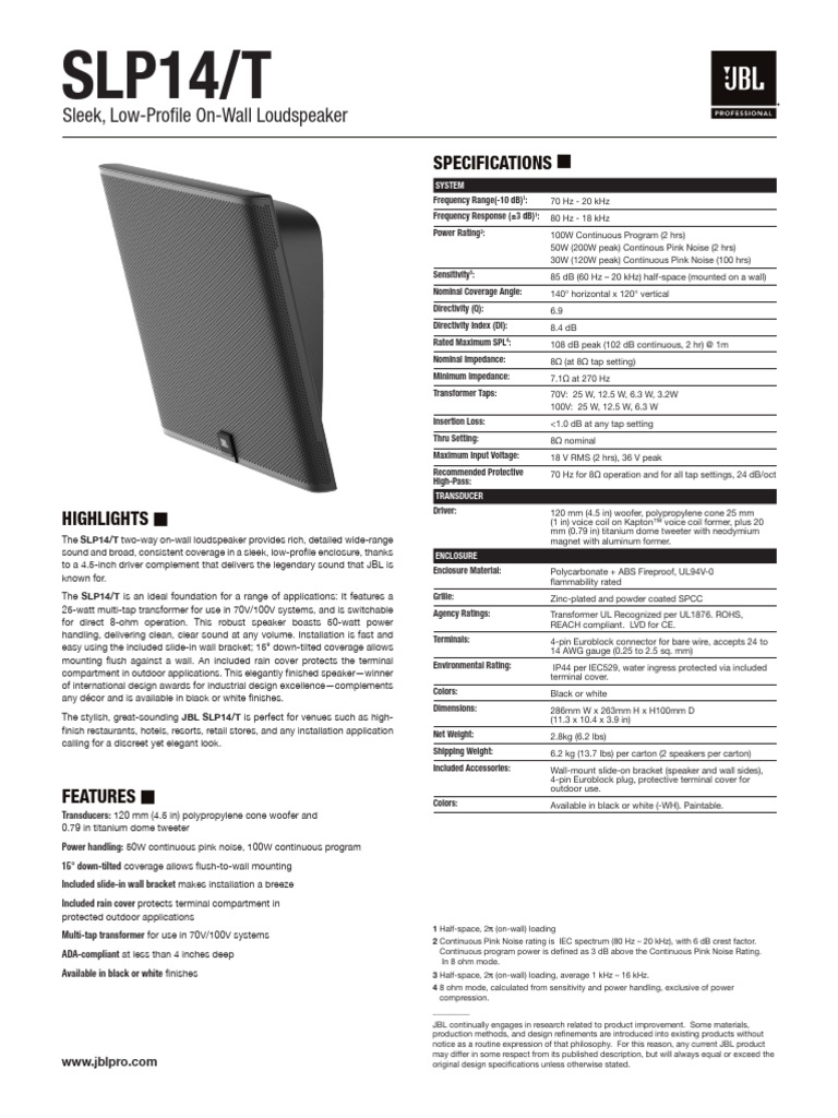 JBL SLP14-T SpecSheet 1 | PDF | Electronics | Audio Engineering
