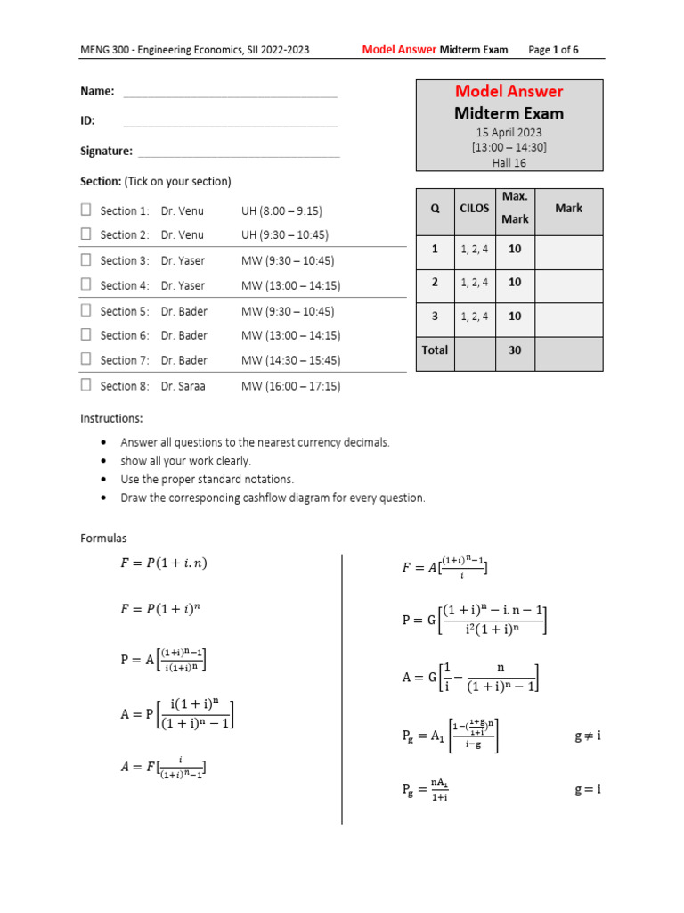 Midterm Exam Model Answer MENG300 S2 2022-2023 | PDF