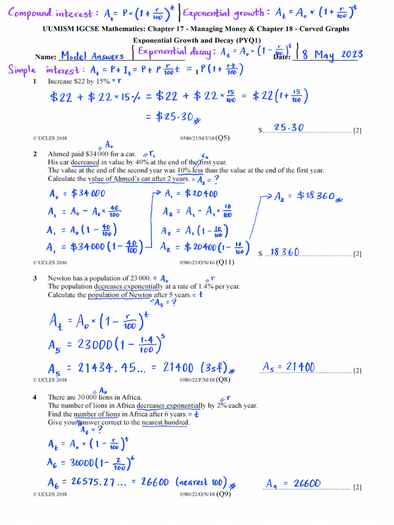IGCSE Maths - Exponential Growth & Decay Notes and Model Answers | PDF