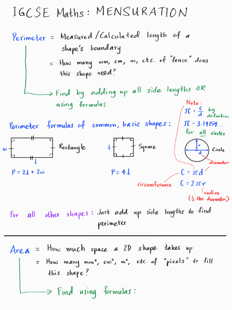 IGCSE Maths - Perimeter, Area, Surface Area, and Volume Notes | PDF