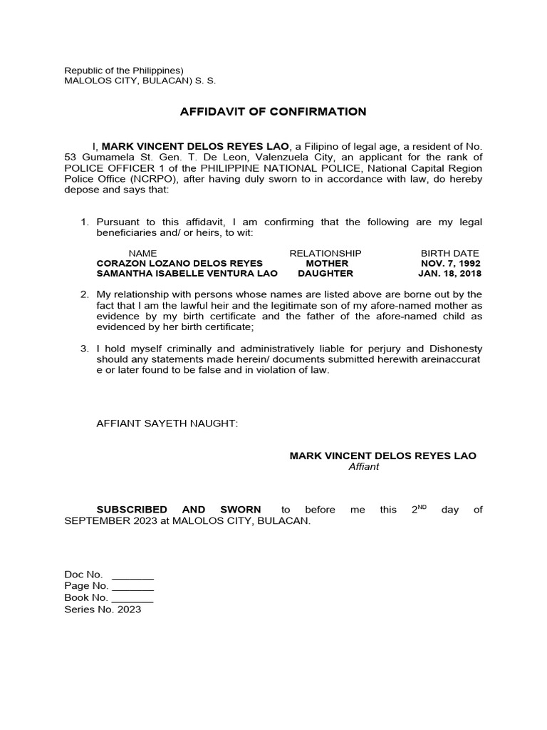 Affidavit of Confirmation PNP Applicant | PDF | Social Science | Law