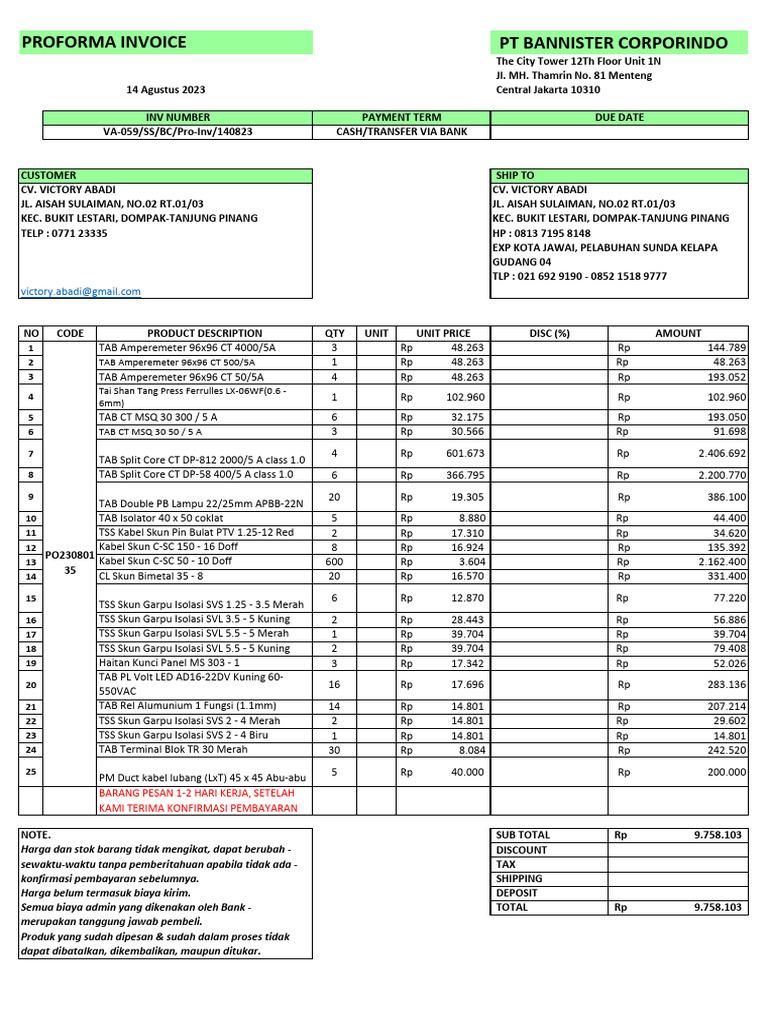 Proforma Invoice Cv. Victory Abadi SS-059 | PDF